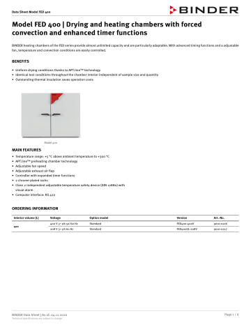 Binder FED 400 Drying and heating chamber Data Sheet | Manualzz