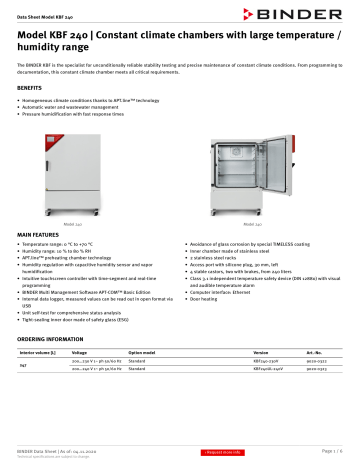 Binder KBF 240 Constant climate chamber Data Sheet | Manualzz