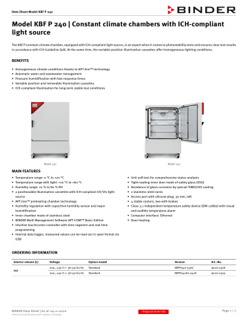 Binder KBF P 240 Constant climate chamber Data Sheet | Manualzz