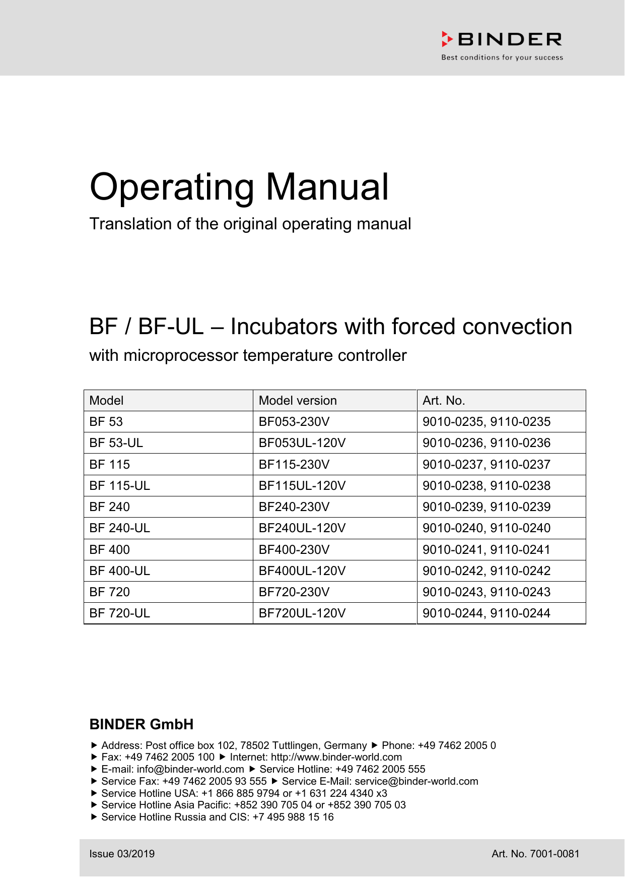 Binder BF 400 Operating instrustions | Manualzz
