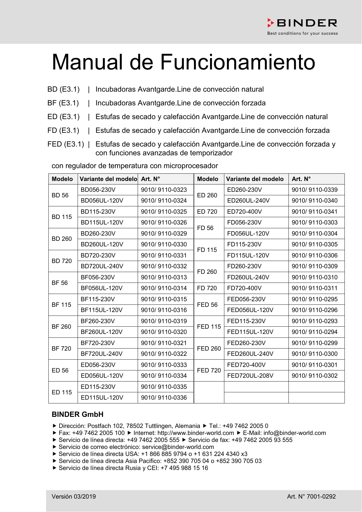 Binder FED 260 Cámaras de calor y de secado Instrucciones de operación ...