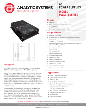 Analytic Systems PWS610-110-12 Power Supply Datasheet | Manualzz