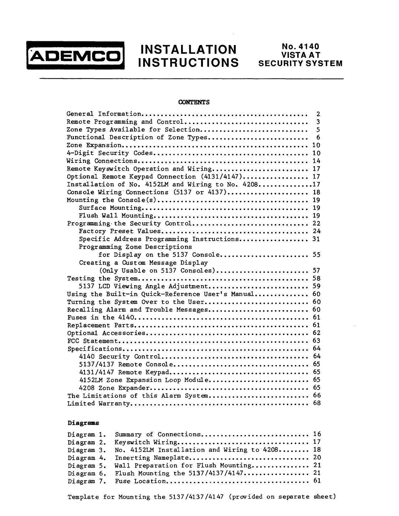 ADEMCO Vista AT 4140 Installation Instruction | Manualzz