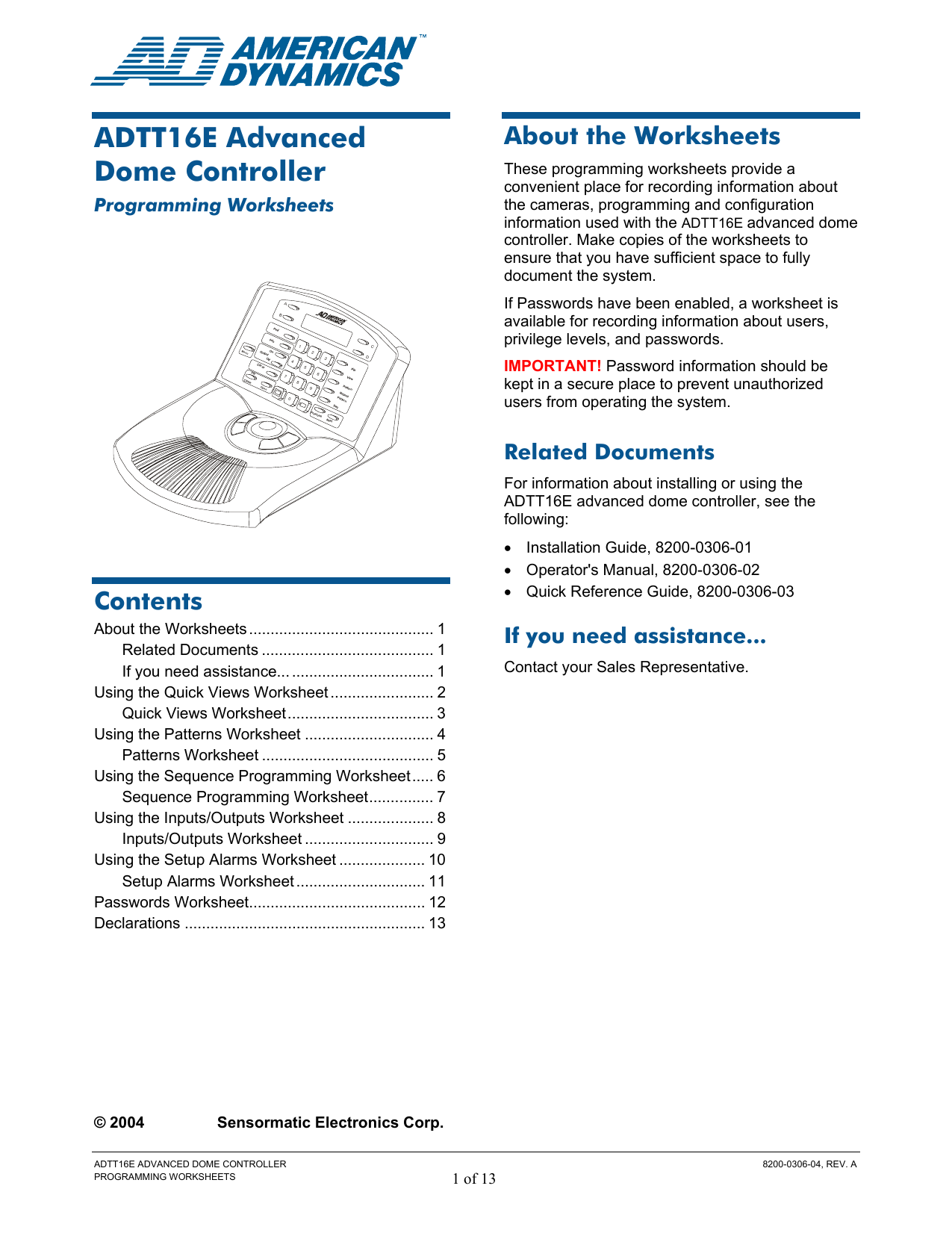 American Dynamics ADTT16E Touch Tracker Reference Manual | Manualzz