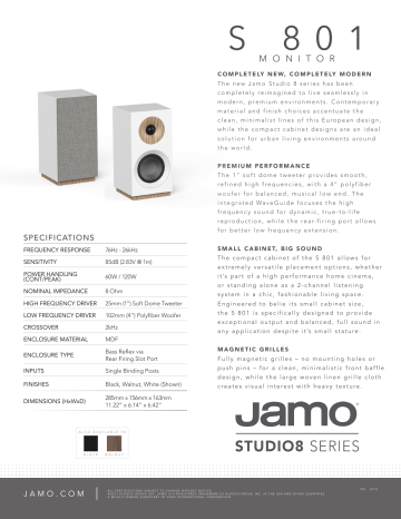 Jamo S 801 bookshelf Studio 8 series speaker Spec Sheet | Manualzz
