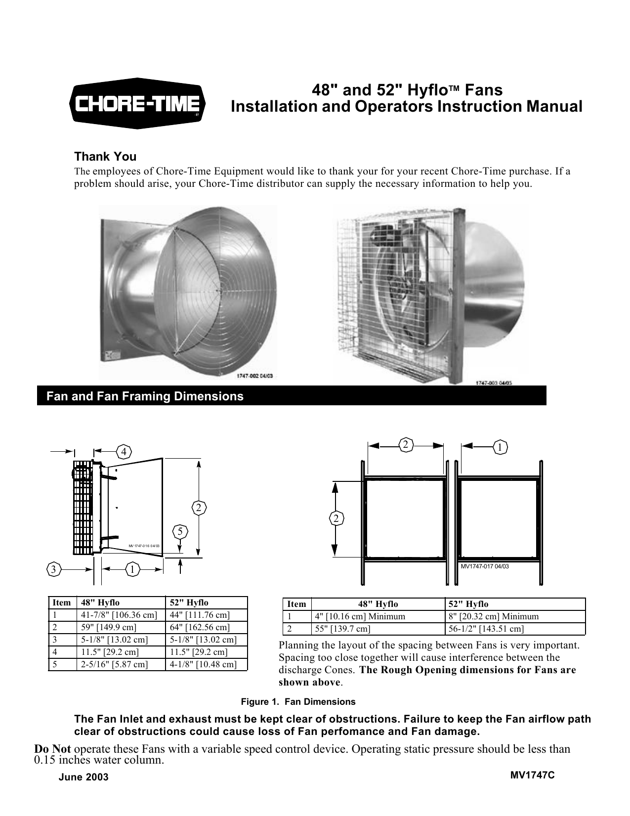 Chore-Time MV1747C 48- and 52-Inch HYFLO® Fan User manual | Manualzz