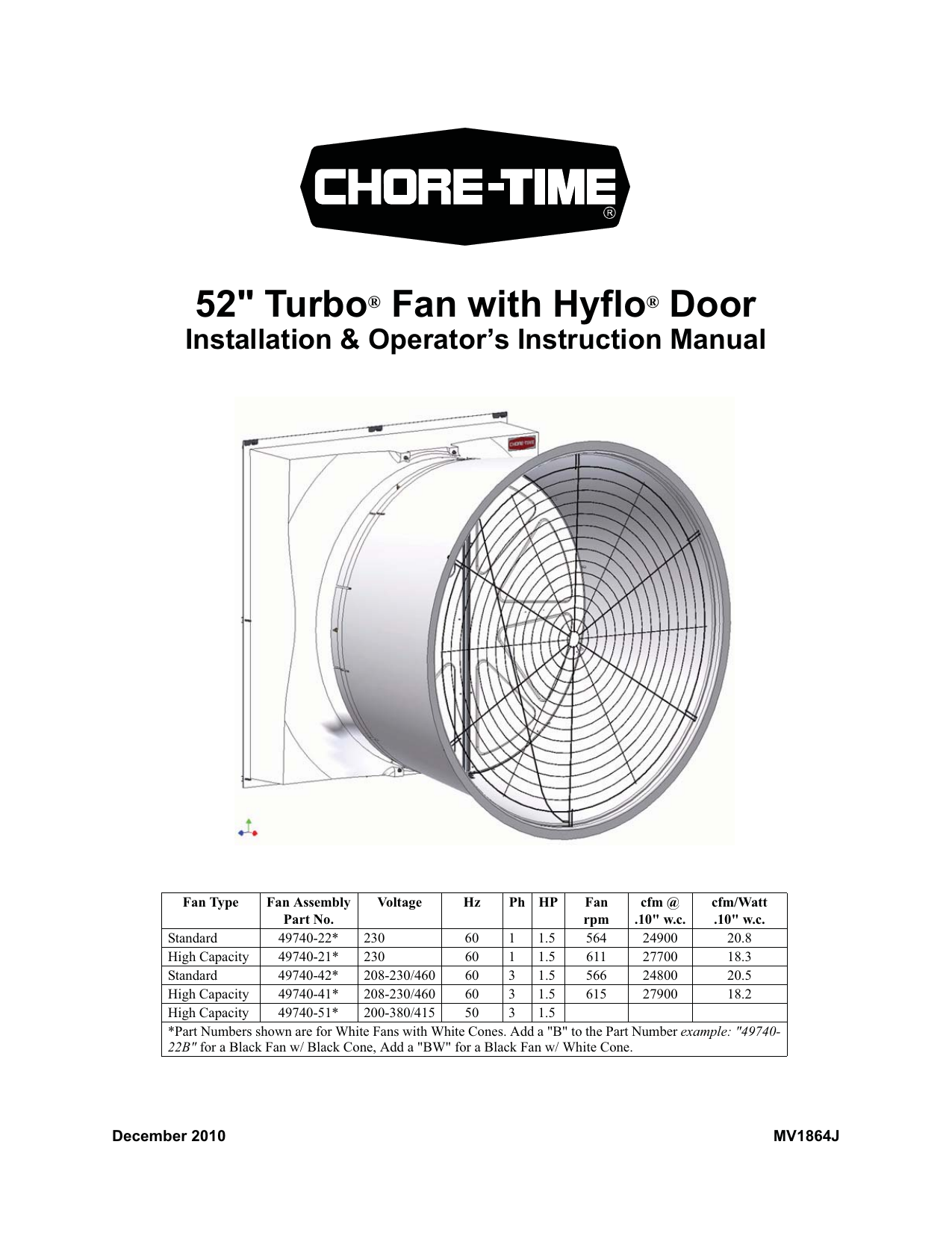 Chore-Time MV1864J 52-Inch TURBO® Fan User manual | Manualzz