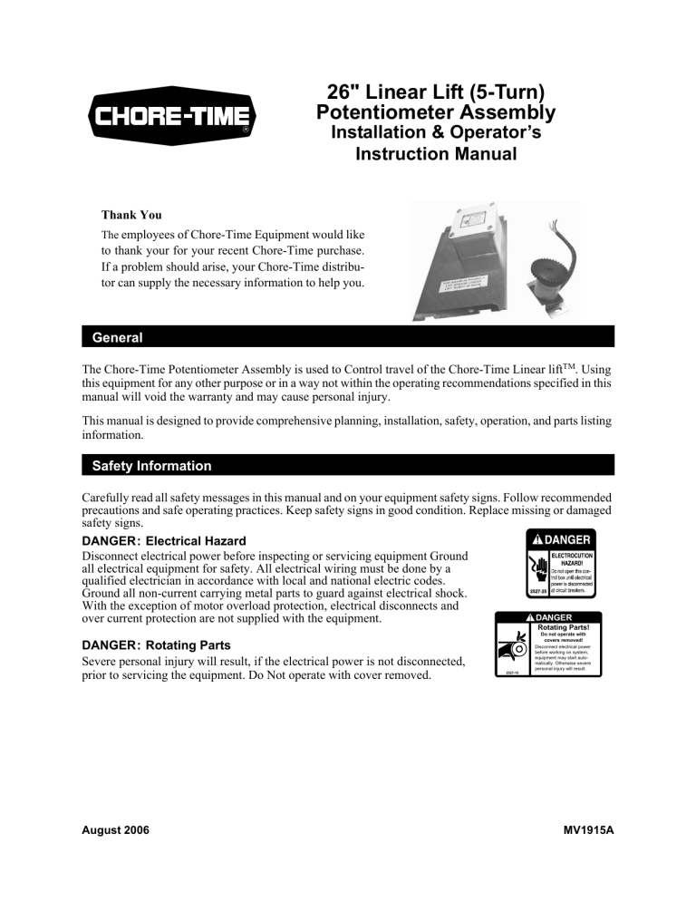 Chore-Time MV1915A 26-Inch LINEAR-LIFT™ User manual | Manualzz