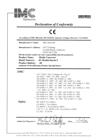IMC Networks IE-MediaChassis/1 Supplementary Manual | Manualzz