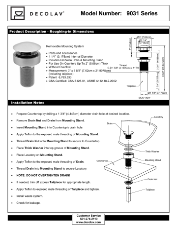 DECOLAV 9031-DB Drain Installation manual | Manualzz