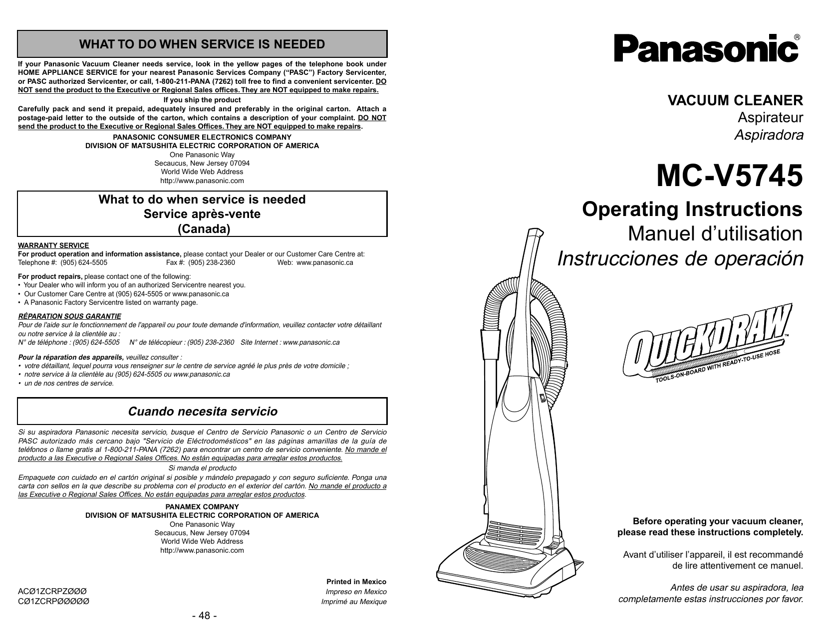 Panasonic MC-V5745 Vacuum Cleaner Owner's Manual | Manualzz