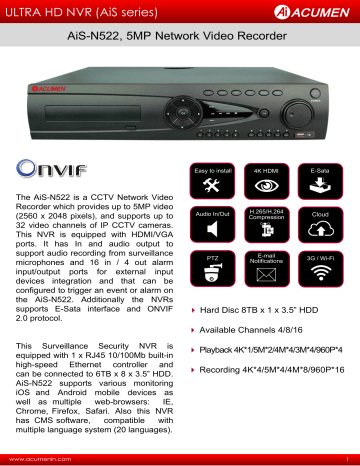 Acumen AiS-NK416 5MP Surveillance NVR Datasheet | Manualzz