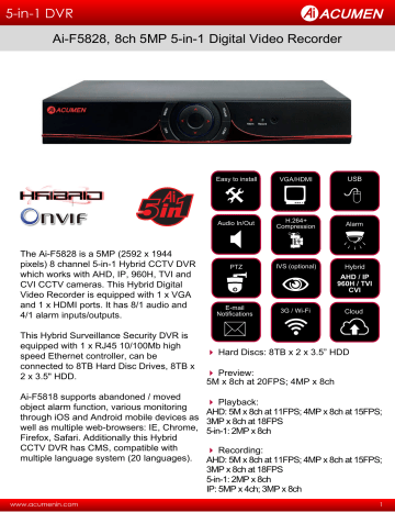 Acumen Ai-F5828 5MP Hybrid Surveillance DVR Datasheet | Manualzz