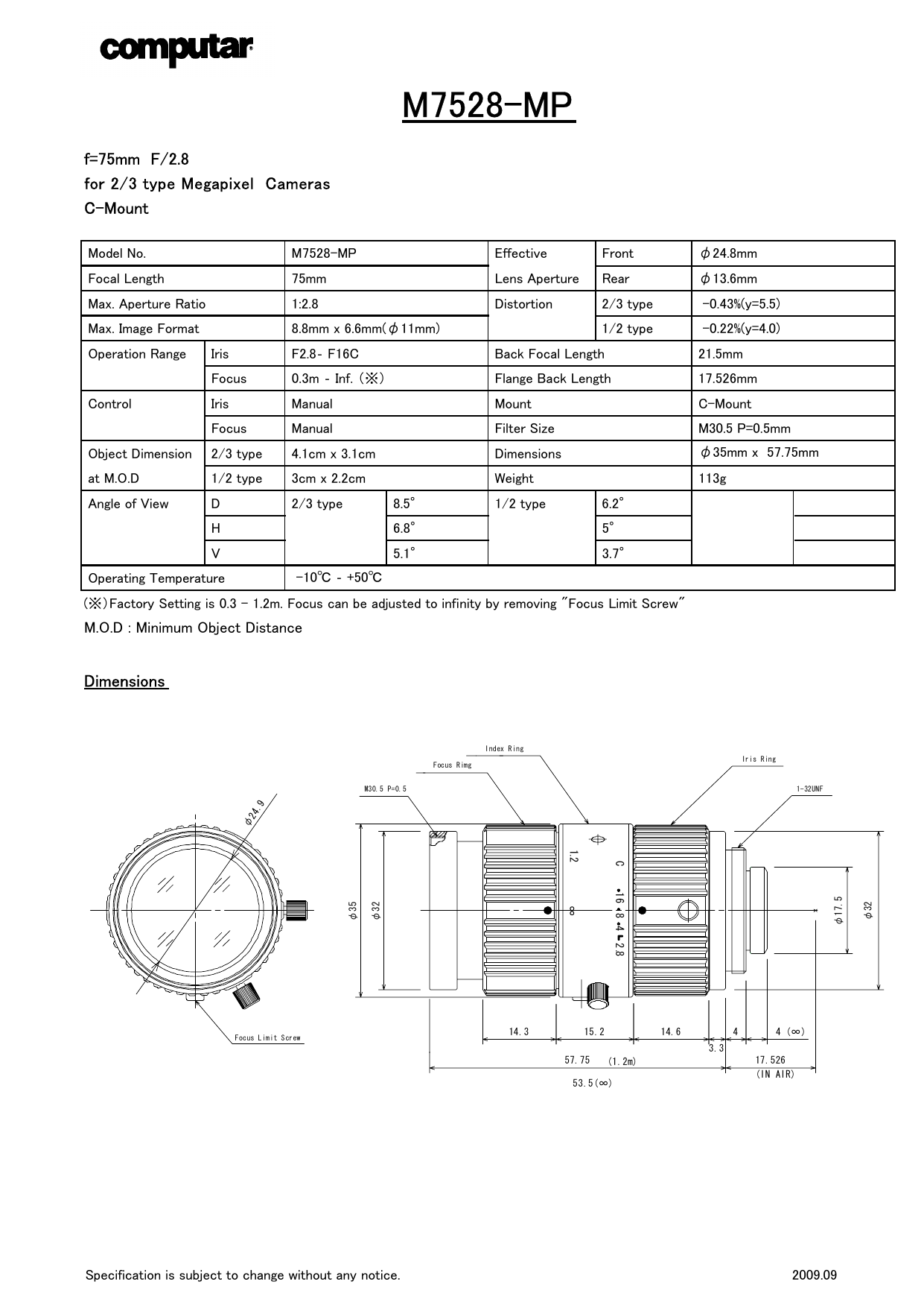Basler Computar Lens M7528-MP F2.8 f75mm 2/3" Datasheet | Manualzz