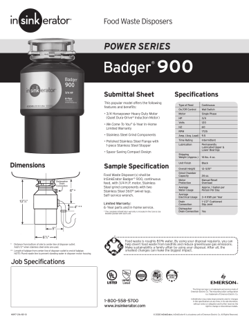 Insinkerator Badger 900 Garbage Disposal Data Sheet | Manualzz