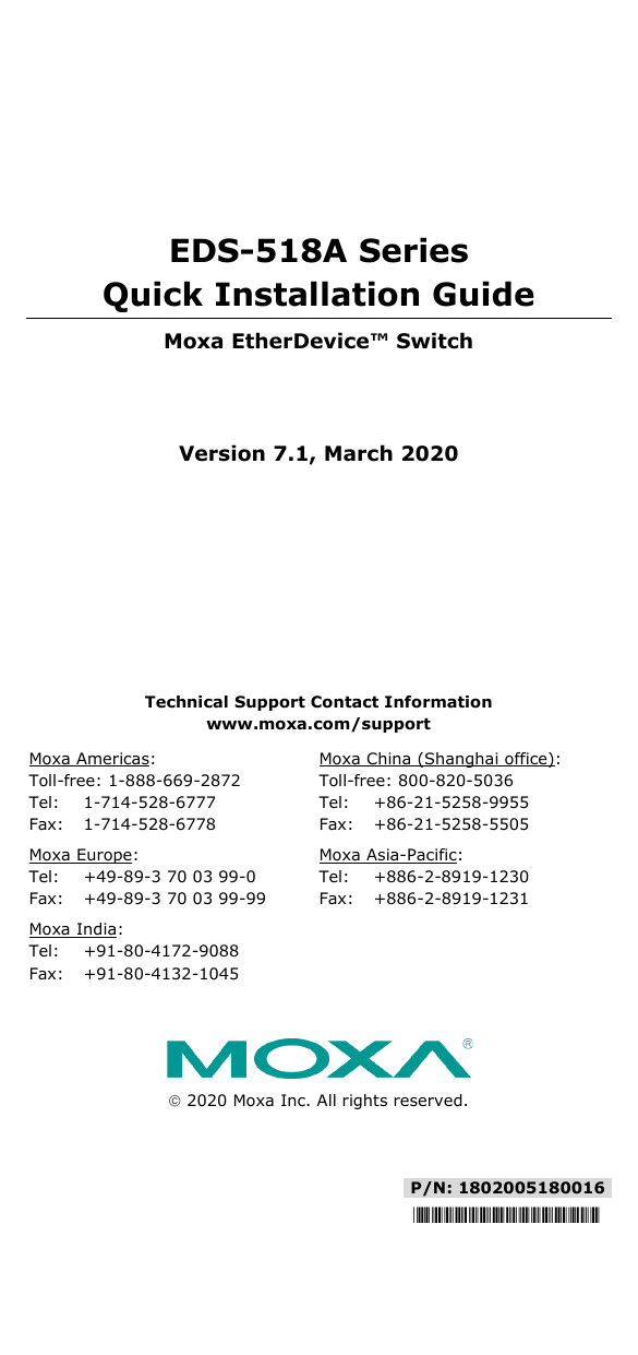 Moxa EDS-518A Series Quick Install Guide | Manualzz