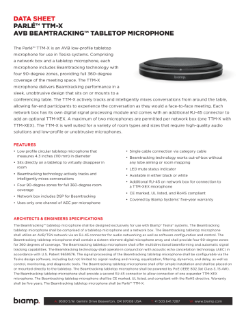 Biamp Parlé TTM-X Tabletop Microphone Data Sheet | Manualzz