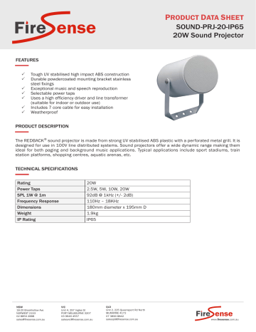 FireSense SOUND-PRJ-20-IP65 20W Sound Projector Datasheet | Manualzz