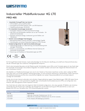 Westermo MRD-405 Industrial 4G LTE Gateway/Router Datenblatt | Manualzz