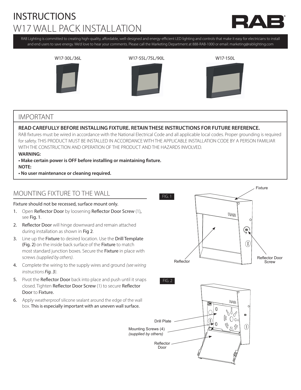 RAB Lighting W17-36L/PCU, W17-30LY, W17-36L Operating instructions ...