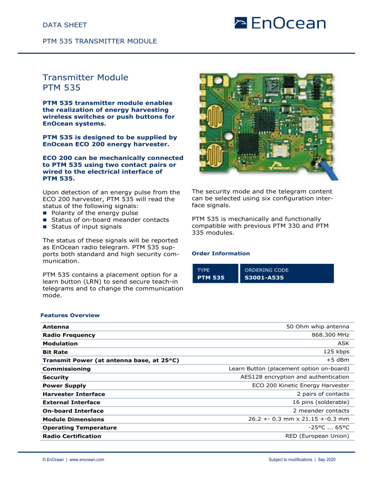 EnOcean PTM 535, PTM 535U Datasheet | Manualzz