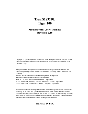 TYAN Tiger 100 S1832DL User`s manual | Manualzz