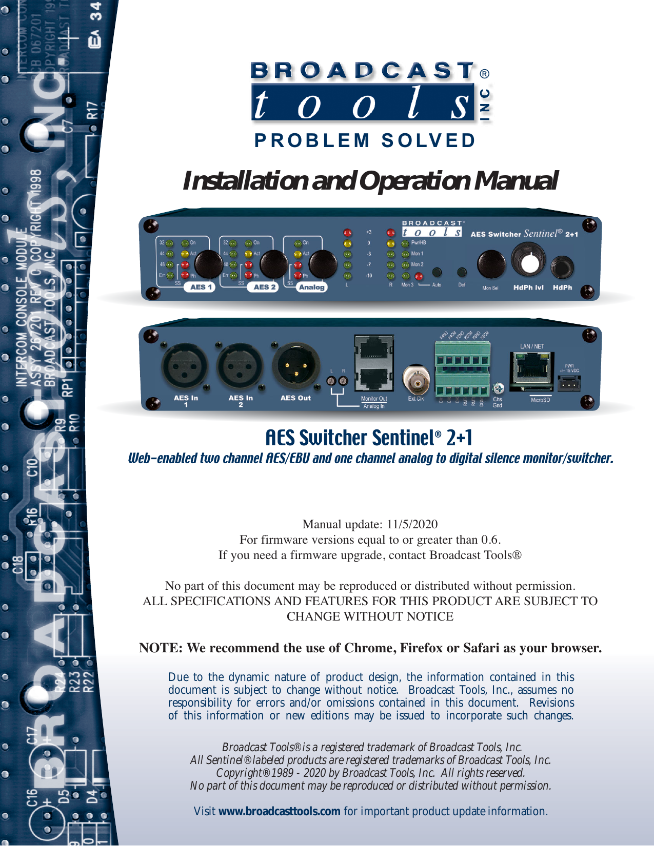 Broadcast Tools AES Switcher Sentinel® 2+1 Web-based AES Silence Detector Owner's Manual | Manualzz