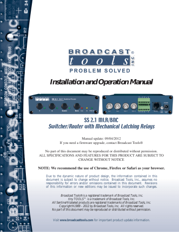 Broadcast Tools SS 2.1 MLR/BNC BNC Switcher/Router Installation and ...