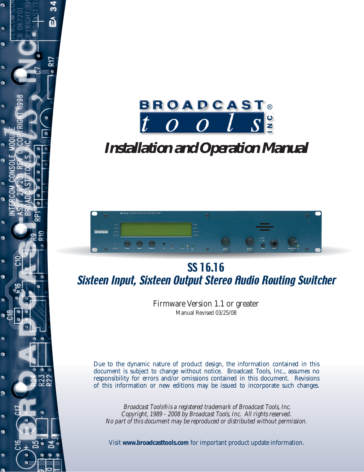 Broadcast Tools SS 16.16 Sixteen Input/Output Audio Crosspoint Switcher ...