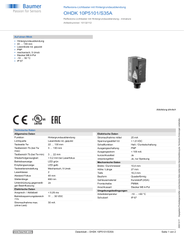 Baumer OHDK 10P5101/S35A Diffuse sensor Data sheet | Manualzz