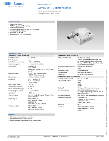 Baumer GIM500R - 2-dimensional Inclination sensor Datenblatt | Manualzz