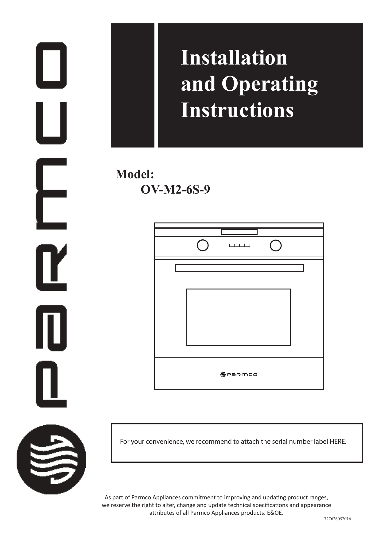 Parmco OV-M2-6S-9 600mm Oven Owner Manual | Manualzz