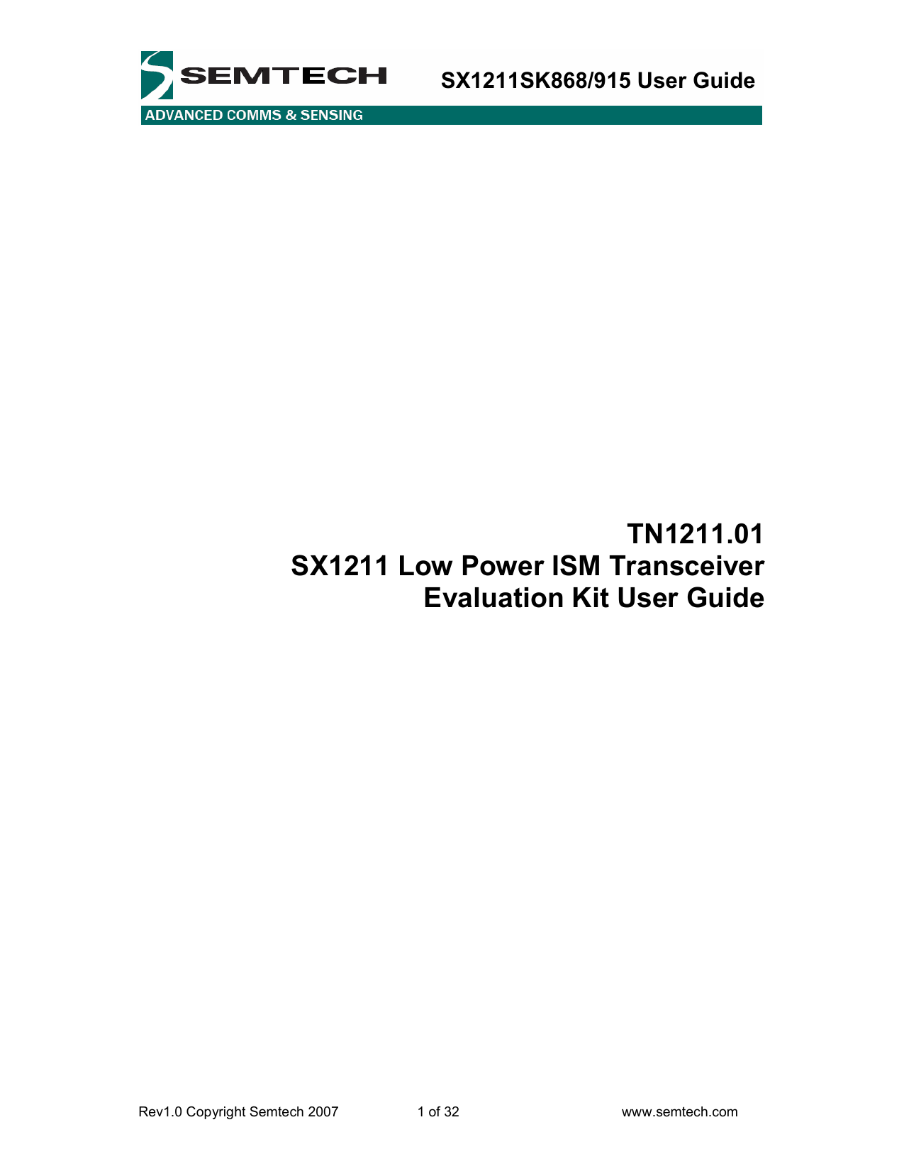 Semtech SX1211SK868/915 EVK FSK Transceiver User Guide | Manualzz