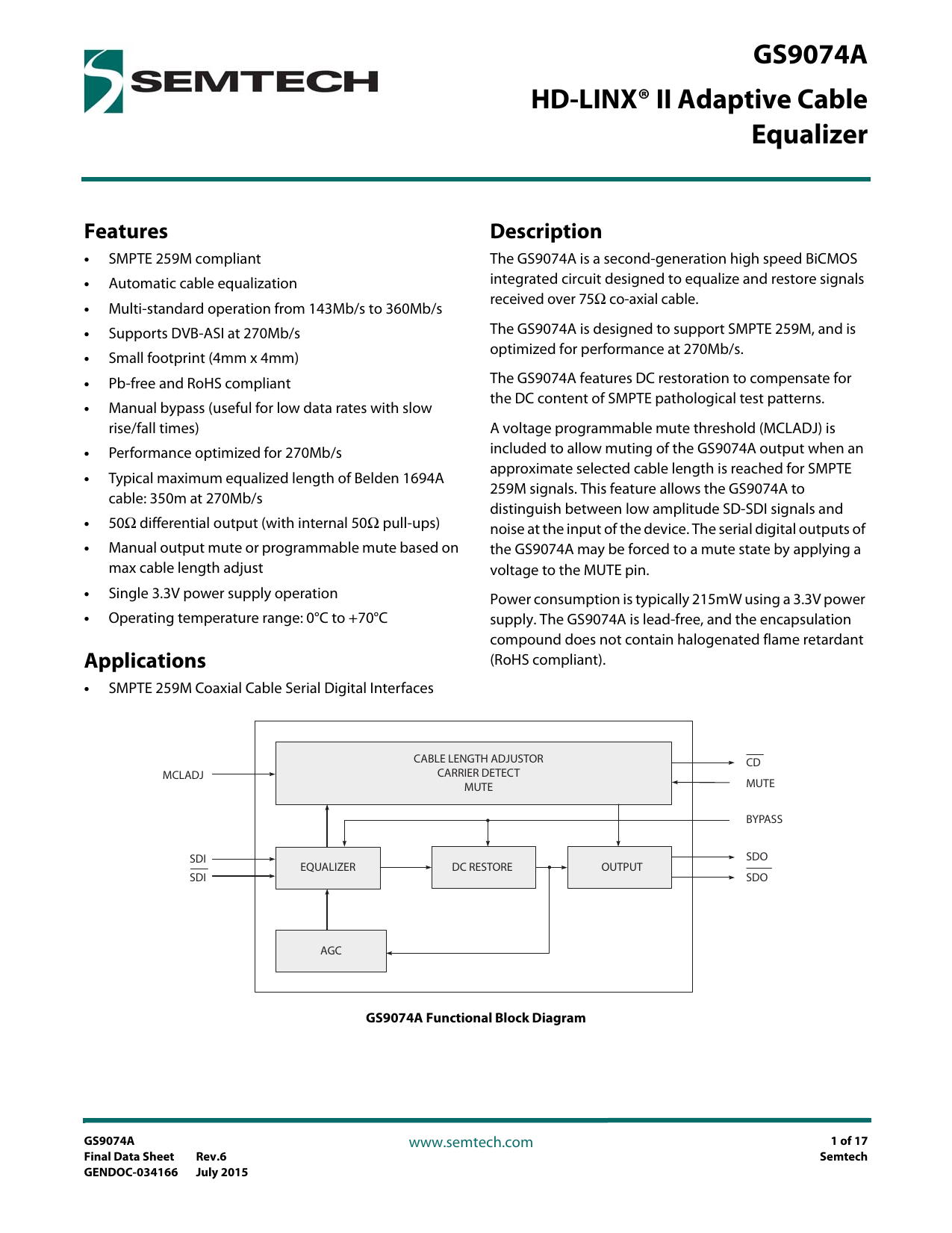 Semtech GS9074A Cable Equalizer Datasheet | Manualzz