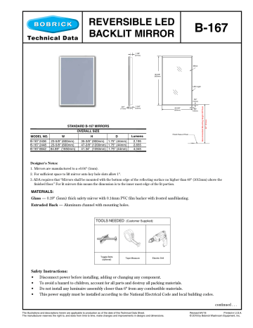 Bobrick B-167 Series LED Backlit Mirror Technical Data Sheet | Manualzz