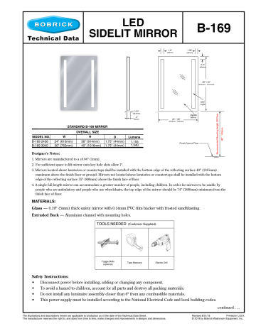 Bobrick B-169 Series LED Sidelit Mirror Technical Data Sheet | Manualzz