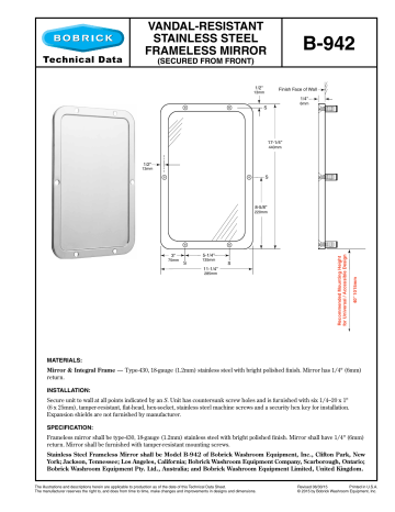 Bobrick B-942 Frameless Mirror Technical Data Sheet | Manualzz