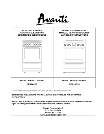 Avanti DER20P3S 20 Inch Freestanding Electric Range Instruction manual ...