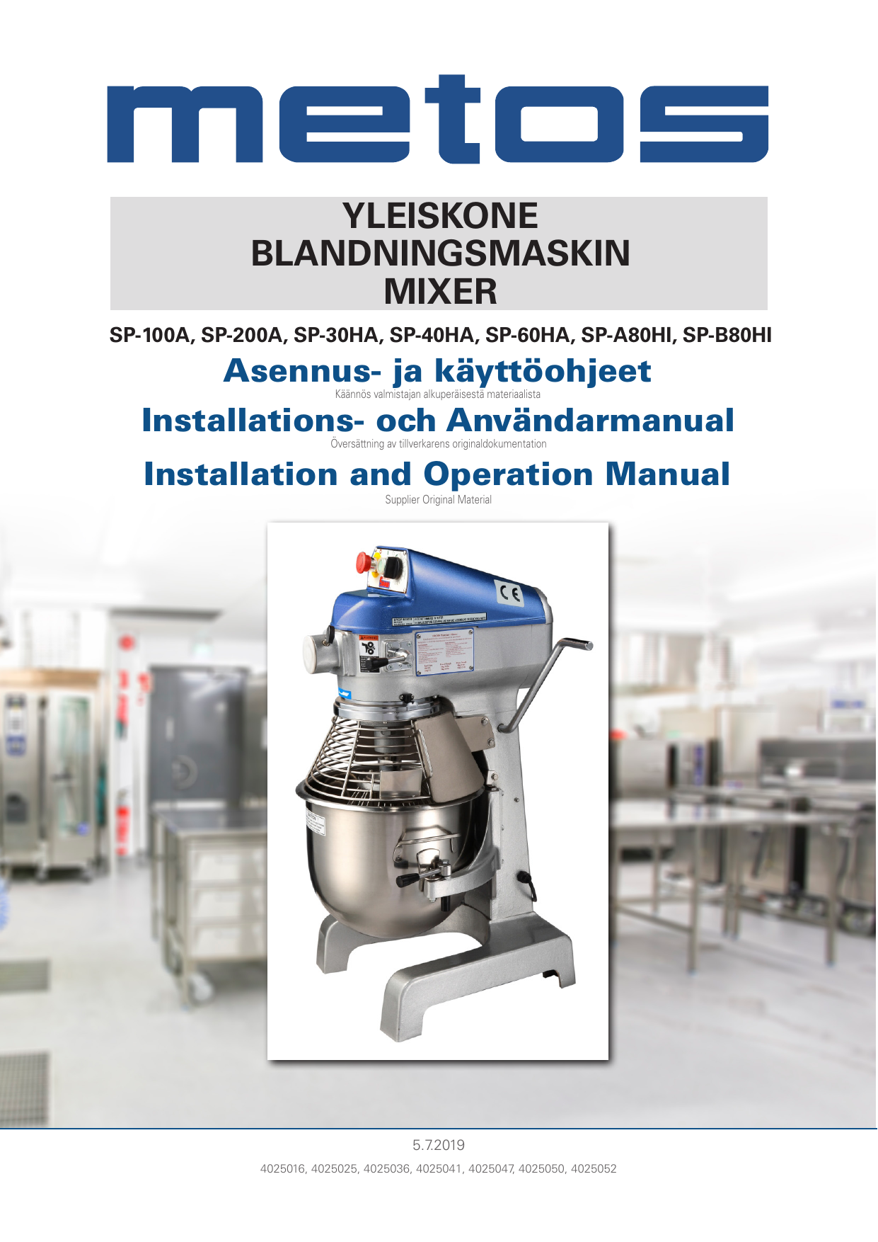 Metos SP-A80HI Mixer Owner's Manual | Manualzz