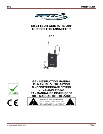 BST BP7 UHF BELT TRANSMITTER Instruction manual | Manualzz