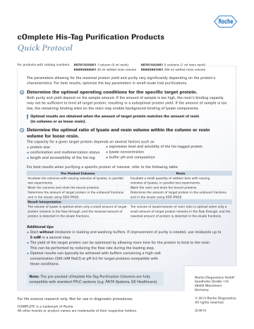Roche cOmplete His-Tag Purification Resin Column Quick Reference Guide ...