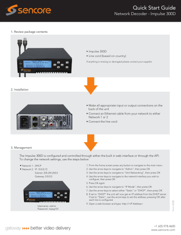 Sencore Impulse 300D Network Decoder Quick Start Guide | Manualzz