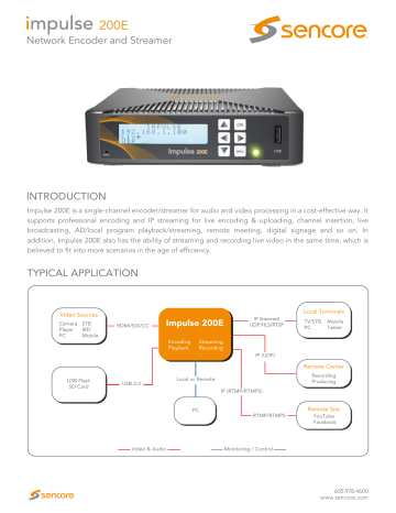 Sencore Impulse 200E Network Encoder and Streamer Spec Sheet | Manualzz