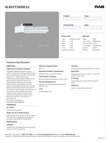 RAB Lighting ALED2T260W/LC Area Lights, Lightcloud Control System Spec ...