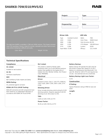 RAB Lighting SHARK8-70W/D10/MVS/E2 Washdown Spec Sheet | Manualzz
