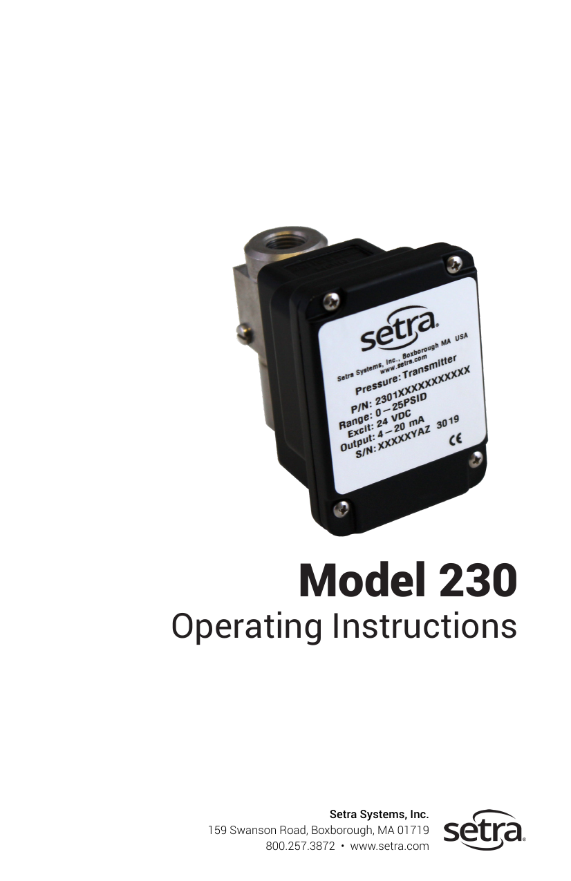 Setra Systems 230 Differential Water Pressure Transducer Operating ...