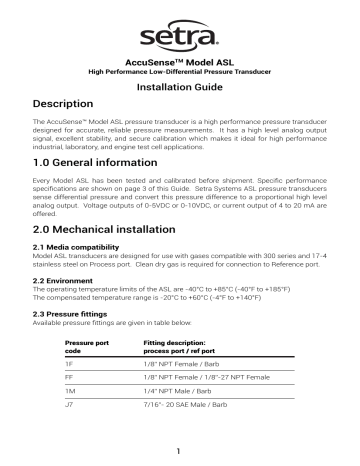 Setra Systems ASL Pressure Transducer Operating Instructions | Manualzz