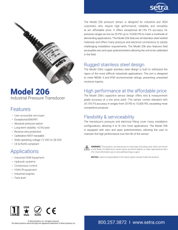 Setra Systems 206 Industrial Pressure Transducer Data Sheet | Manualzz