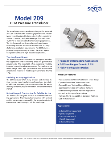 Setra Systems 209 OEM Pressure Transducer Data Sheet | Manualzz