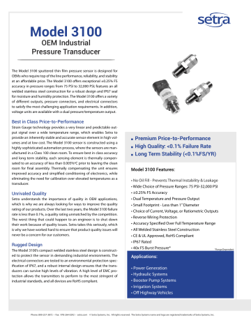 Setra Systems 3100 Industrial OEM Pressure Transducer Data Sheet | Manualzz